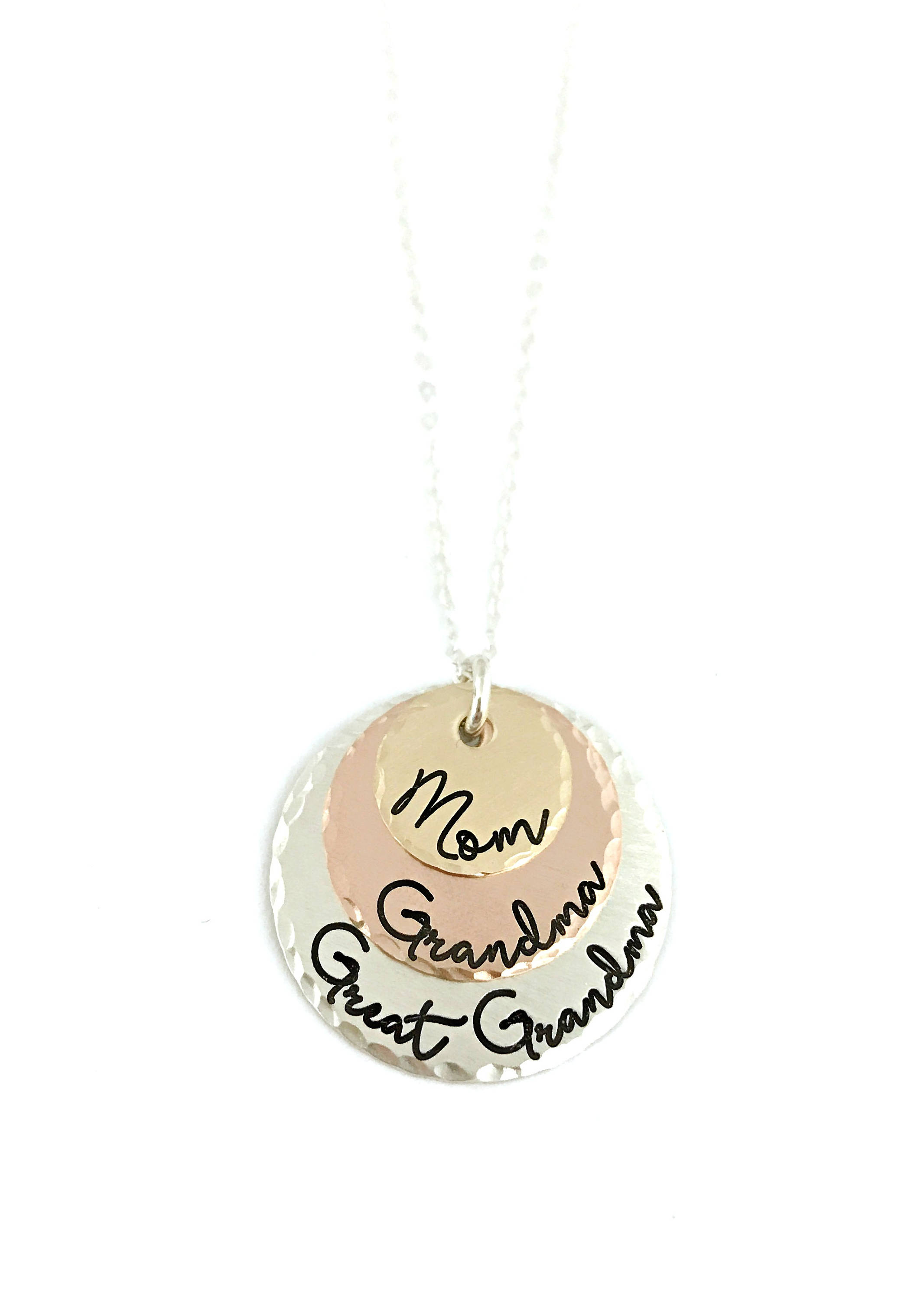 Mom Grandma Great Grandma Mixed Metal Mother Keepsake Rose Gold Sterling Silver Hand Stamped Jewelry Personalized Engraved Jewelry